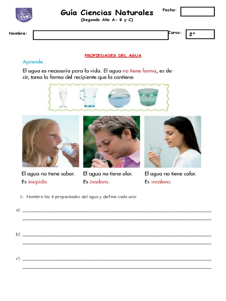 Guía de Propiedades del Agua para 2° Básico | PDF | Fases de la materia ...