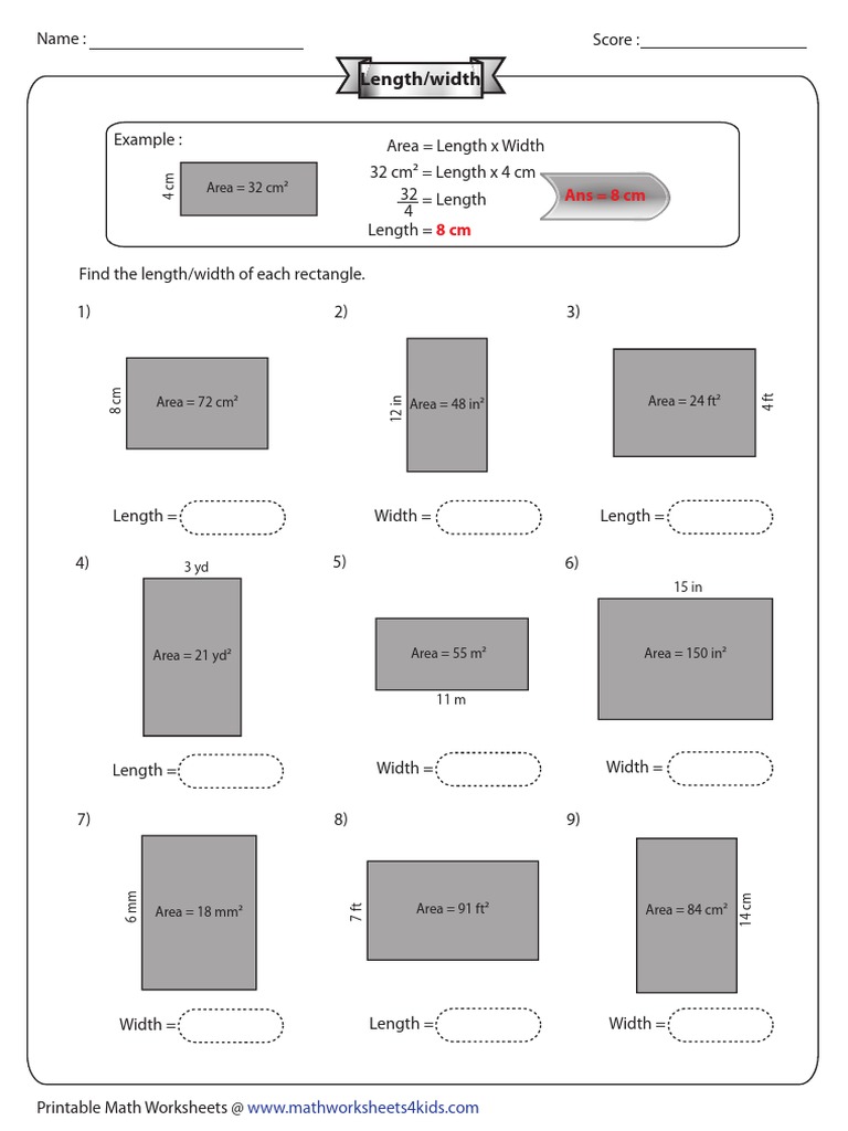 Rectangle Area Calculation Worksheets | PDF | Teaching Methods & Materials