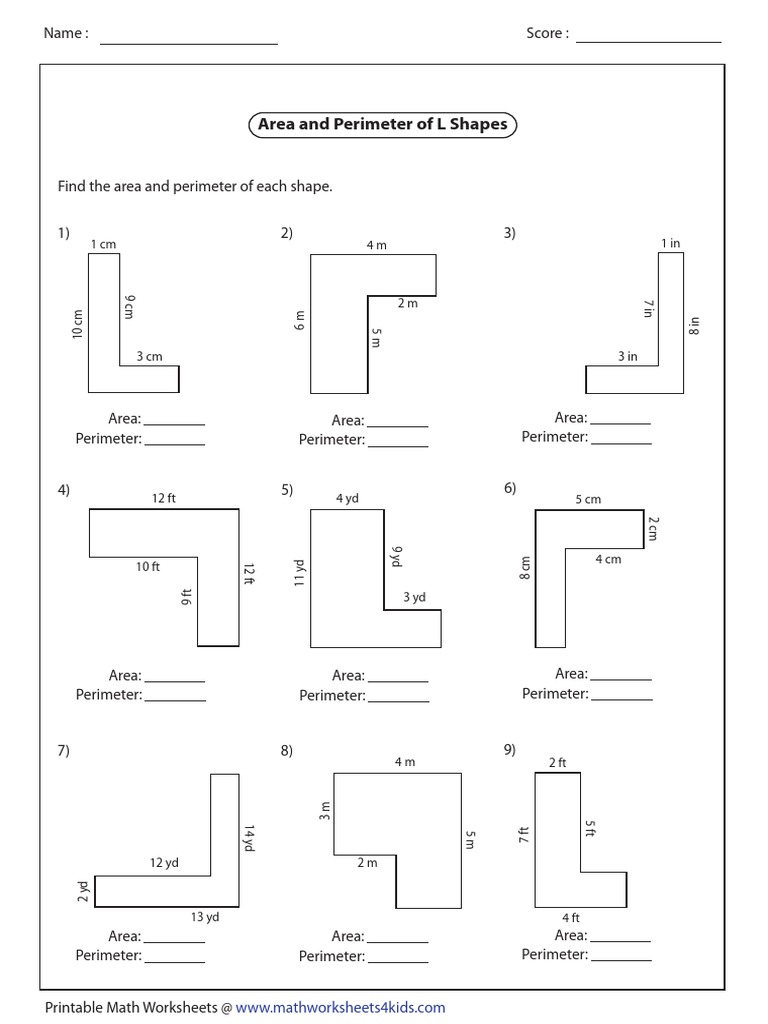 Area and Perimeter of L Shapes: 1 in 1 CM 4 M | PDF