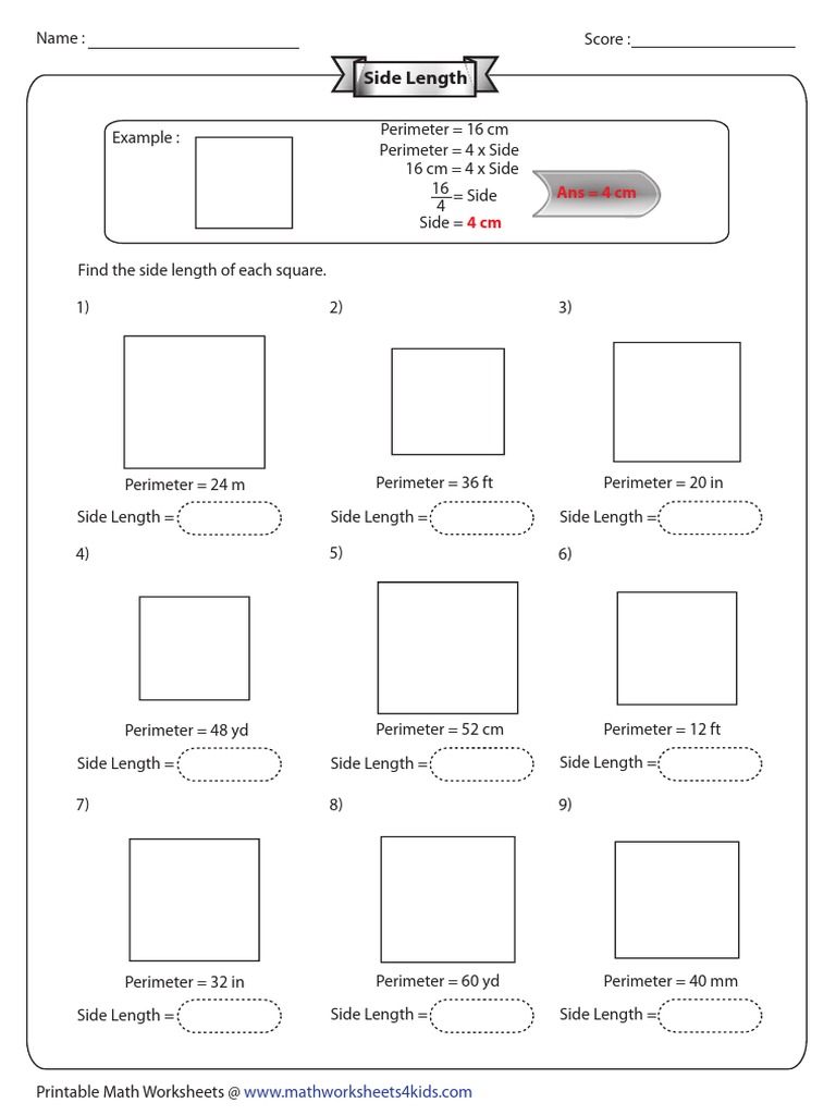 Square Perimeter and Side Length Worksheet | PDF