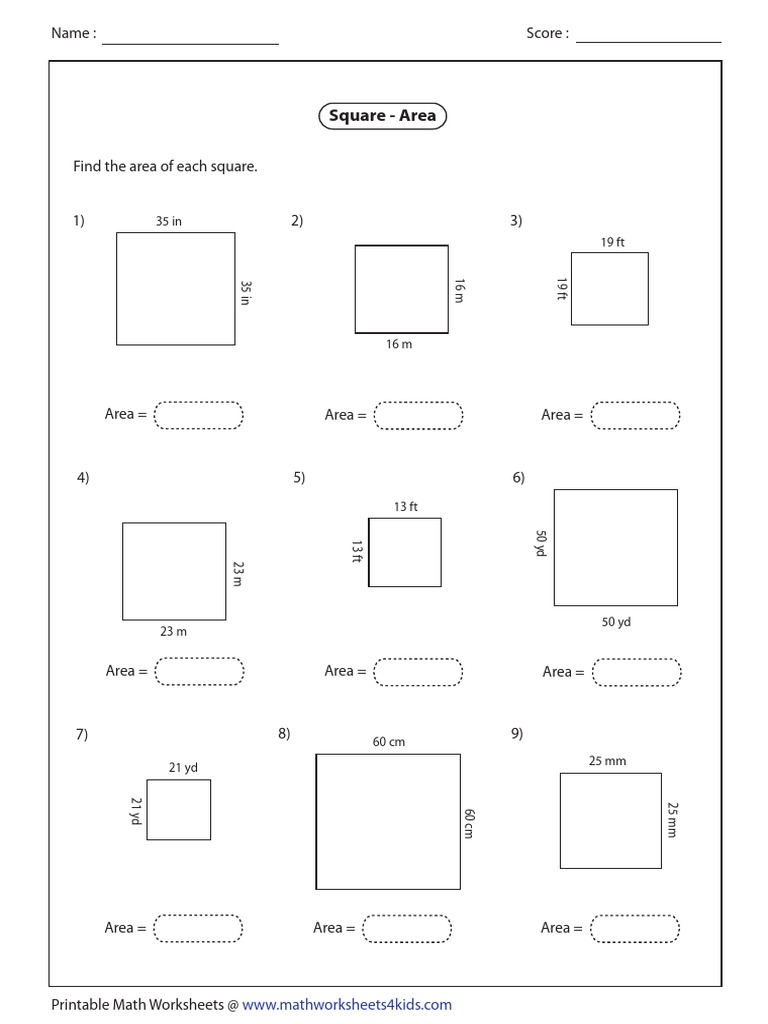 Math Worksheets: Square Area Practice | PDF