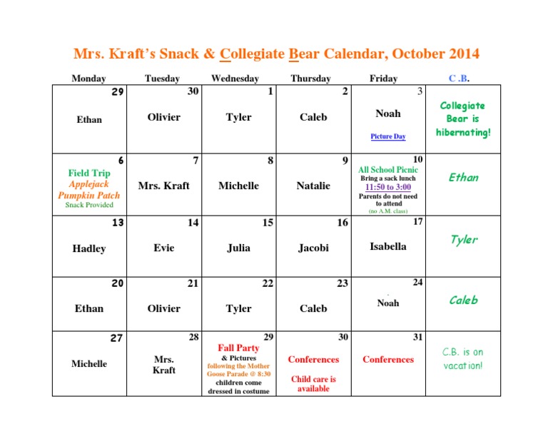 October 14-15 Snack Calendar PDF | PDF