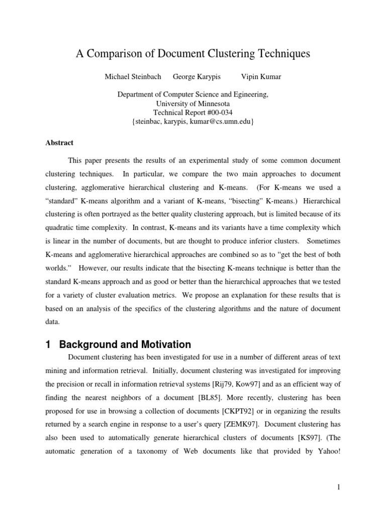 A Comparison of Document Clustering Techniques: 1 Background and Motivation | Download Free PDF ...