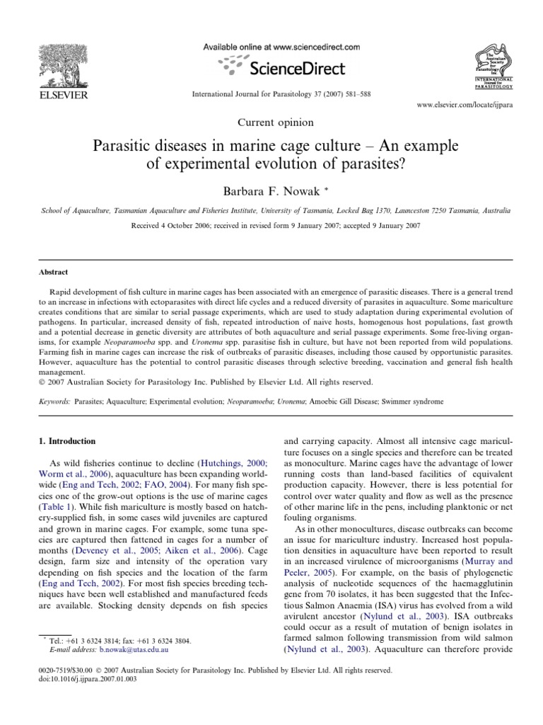 Parasitic Diseases in Marine Cage Culture - An Example of Experimental ...