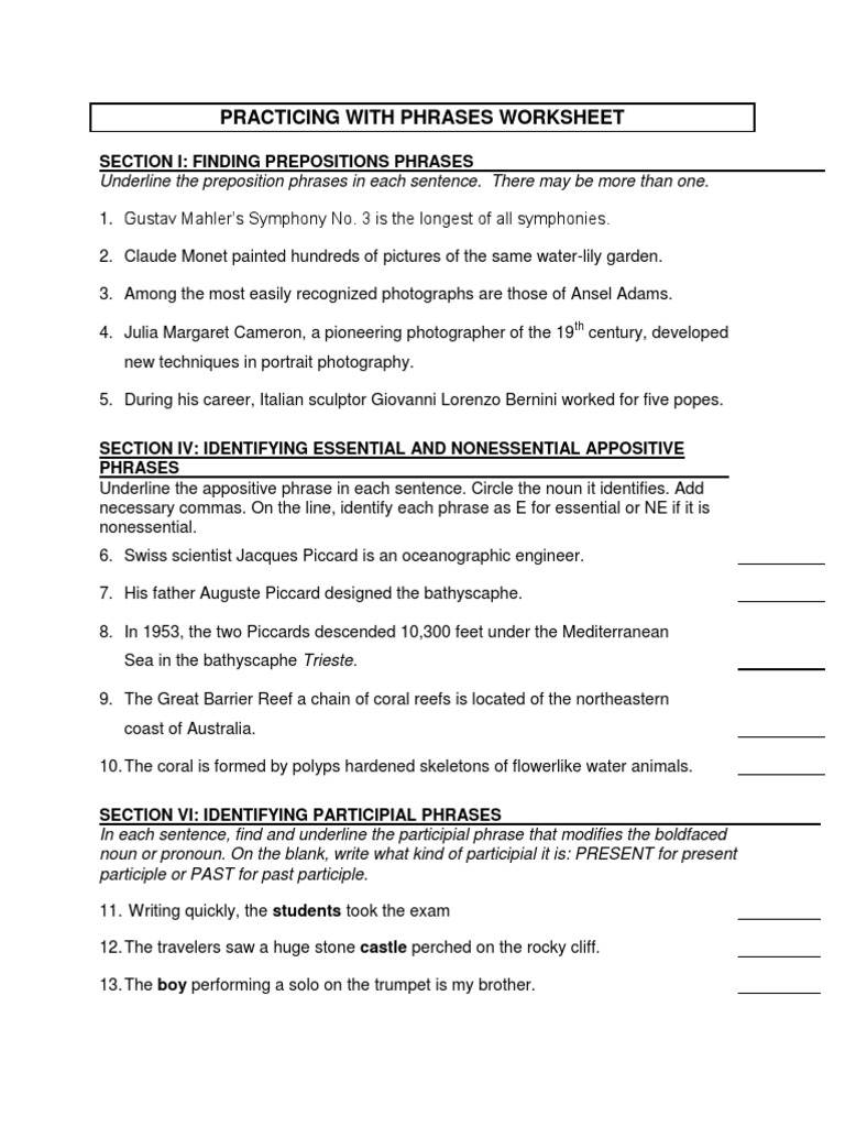 Practicing With Phrases Worksheet | PDF | Linguistic Morphology | Language Mechanics