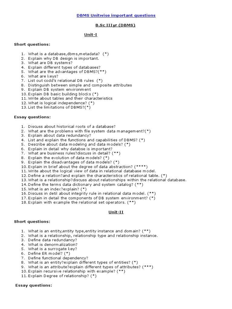 Dbms Unitwise Important Questions Relational Database Databases