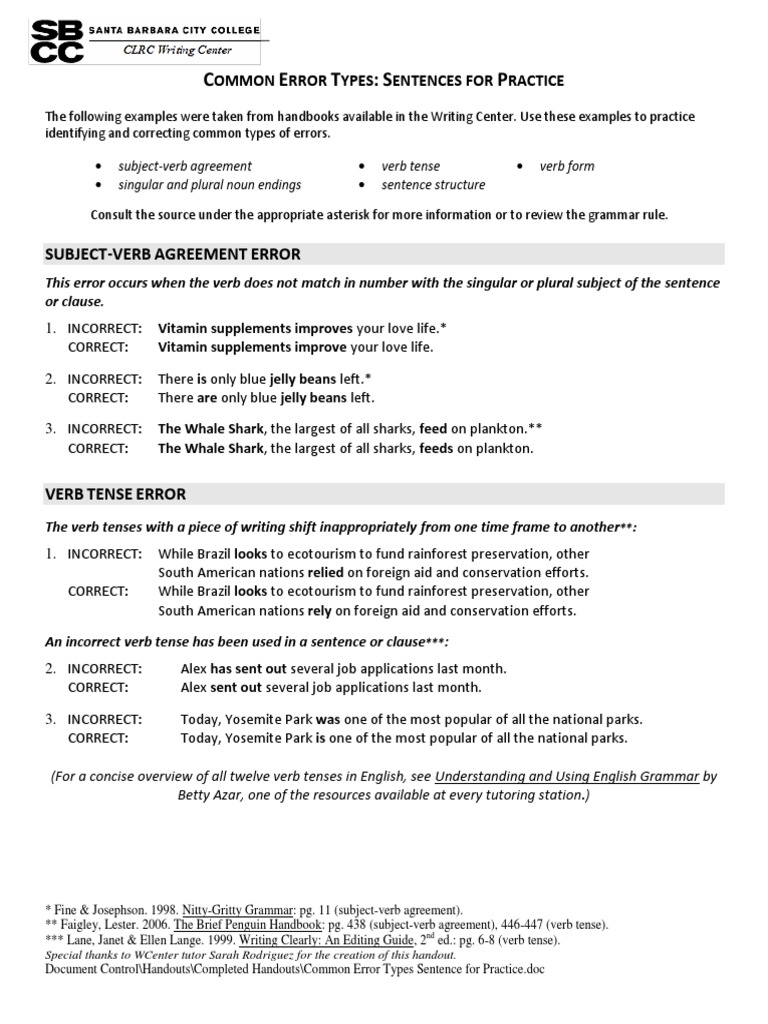 Common Sentence Error Types Explained | PDF | Verb | Grammatical Number