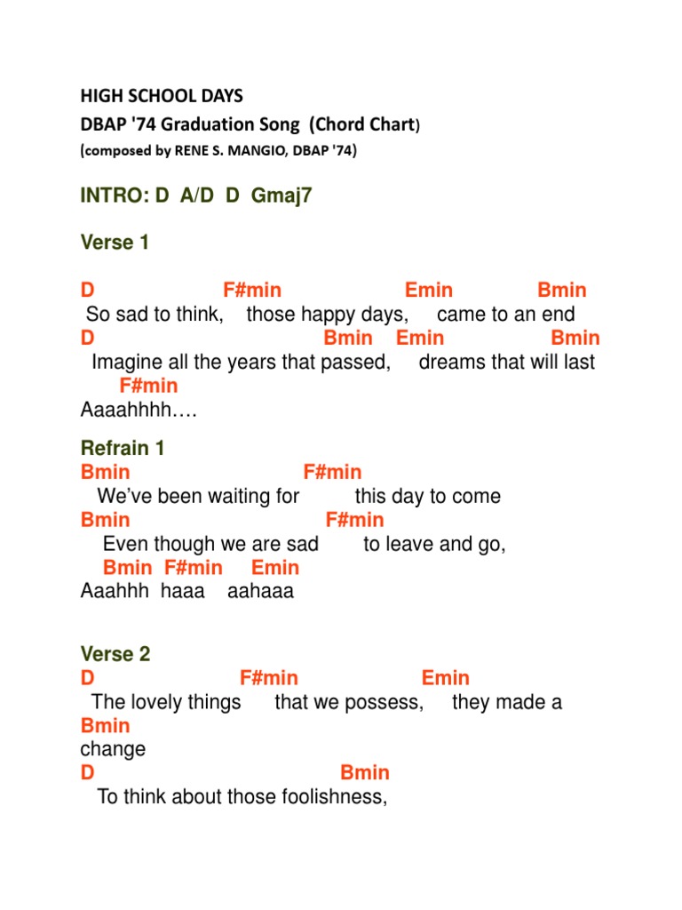 High School Days (DBAP74 Graduation Song) Chord Chart | PDF