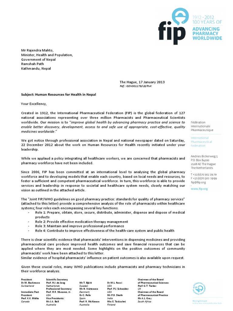 Letter for Ministry of Health and Population from FIP | Pharmacy ...