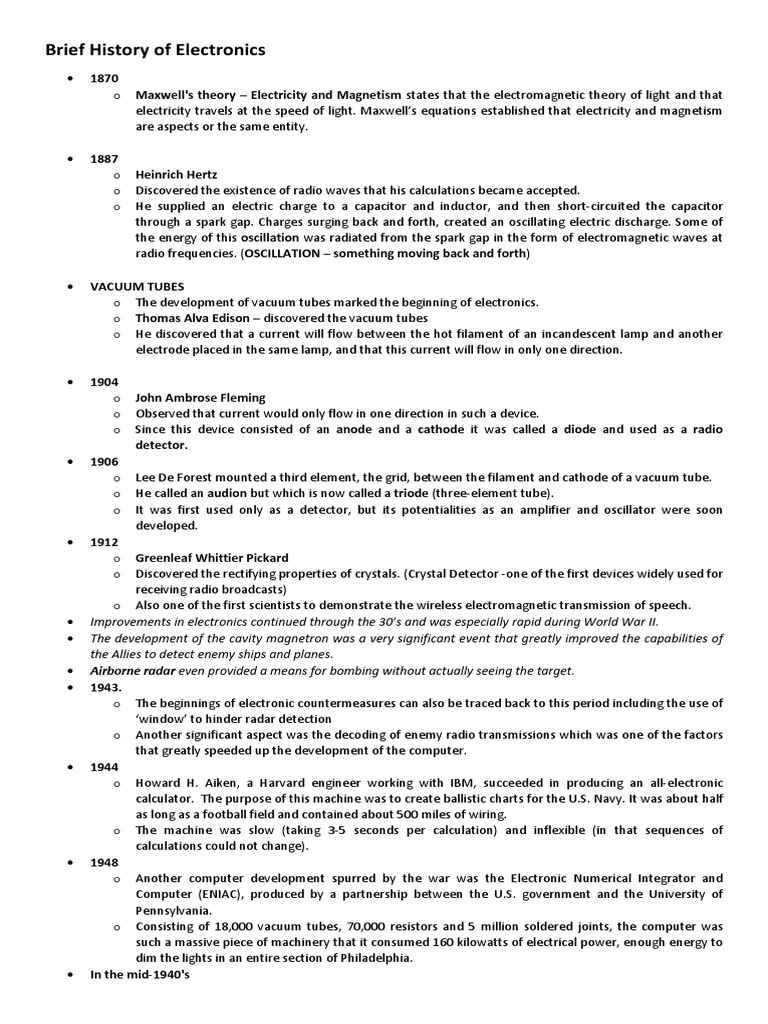 Brief History of Electronics | PDF | Integrated Circuit | Vacuum Tube