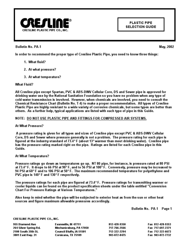 Plastic Pipe Selection Guide | PDF | Polyvinyl Chloride | Pipe (Fluid ...