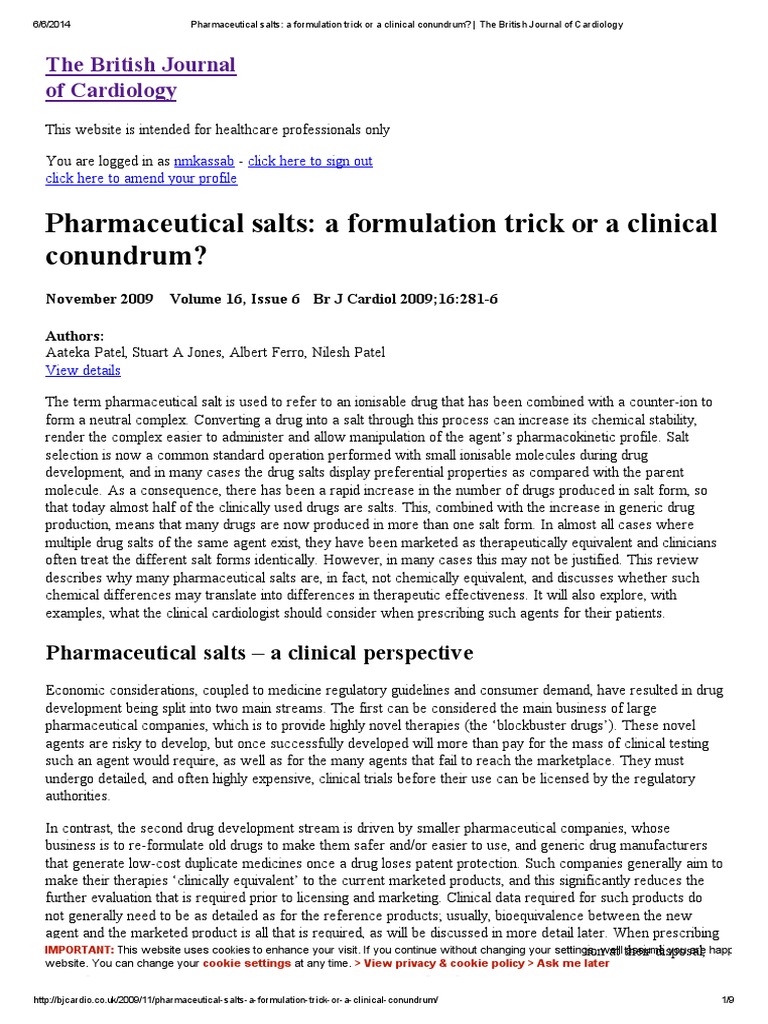 Pharmaceutical Salts - A Formulation Trick or A Clinical Conundrum ...