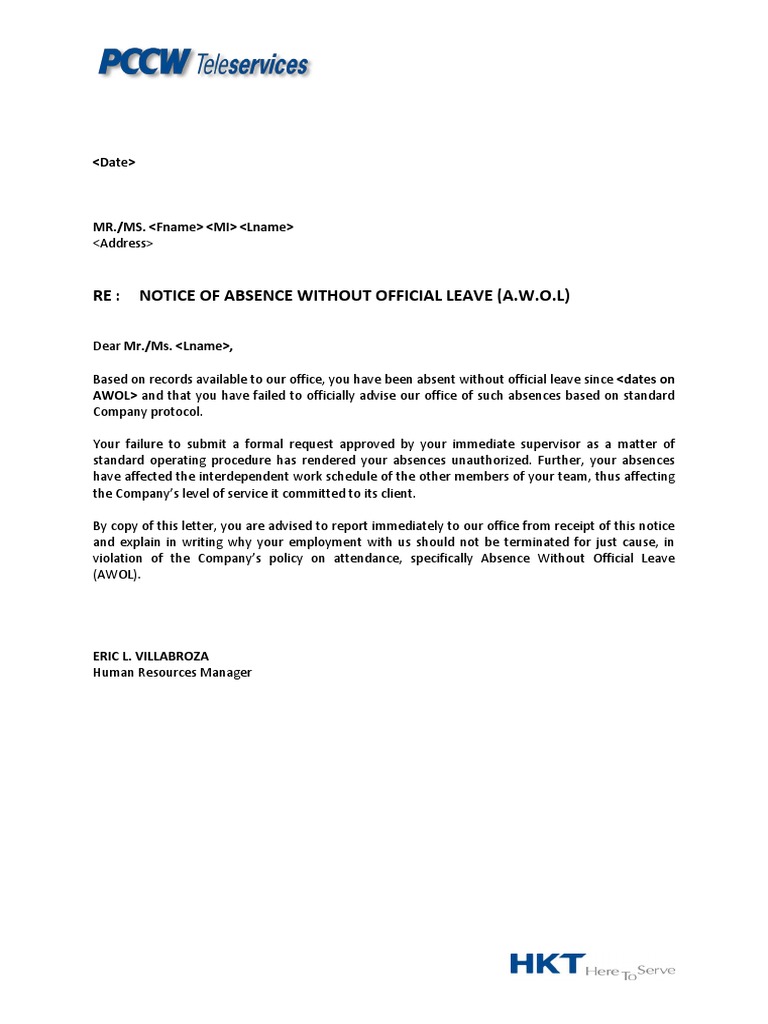 Notice of Awol Template-Pccw 2013 | PDF