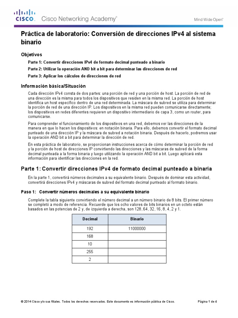 8.1.2.8 Lab - Converting IPv4 Addresses To Binary | PDF | Dirección IP | Poco