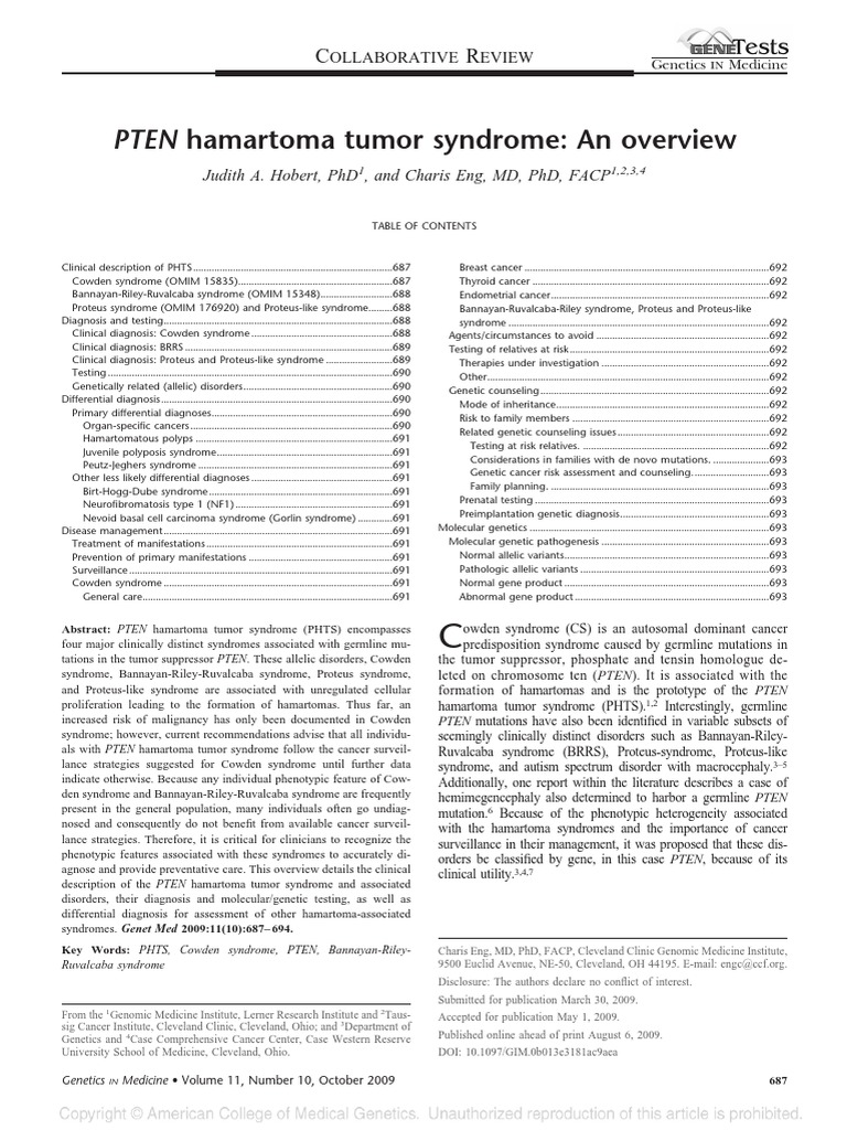 Pten Hamartoma Tumor Syndrome: An Overview: Judith A. Hobert, Phd , And ...
