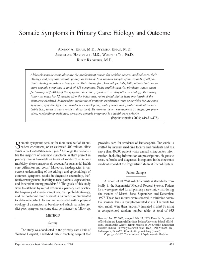 Somatic Symptoms in Primary Care | PDF | Medical Diagnosis | Psychiatry