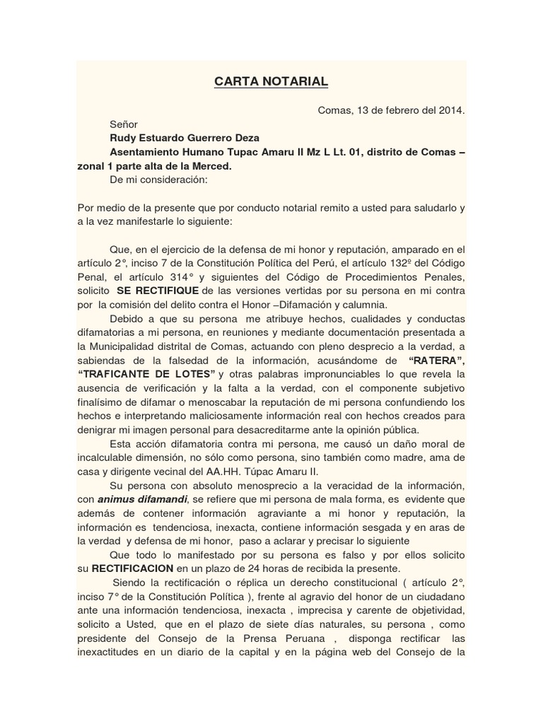 Carta Notarial Difamacion | PDF | Gobierno | Justicia