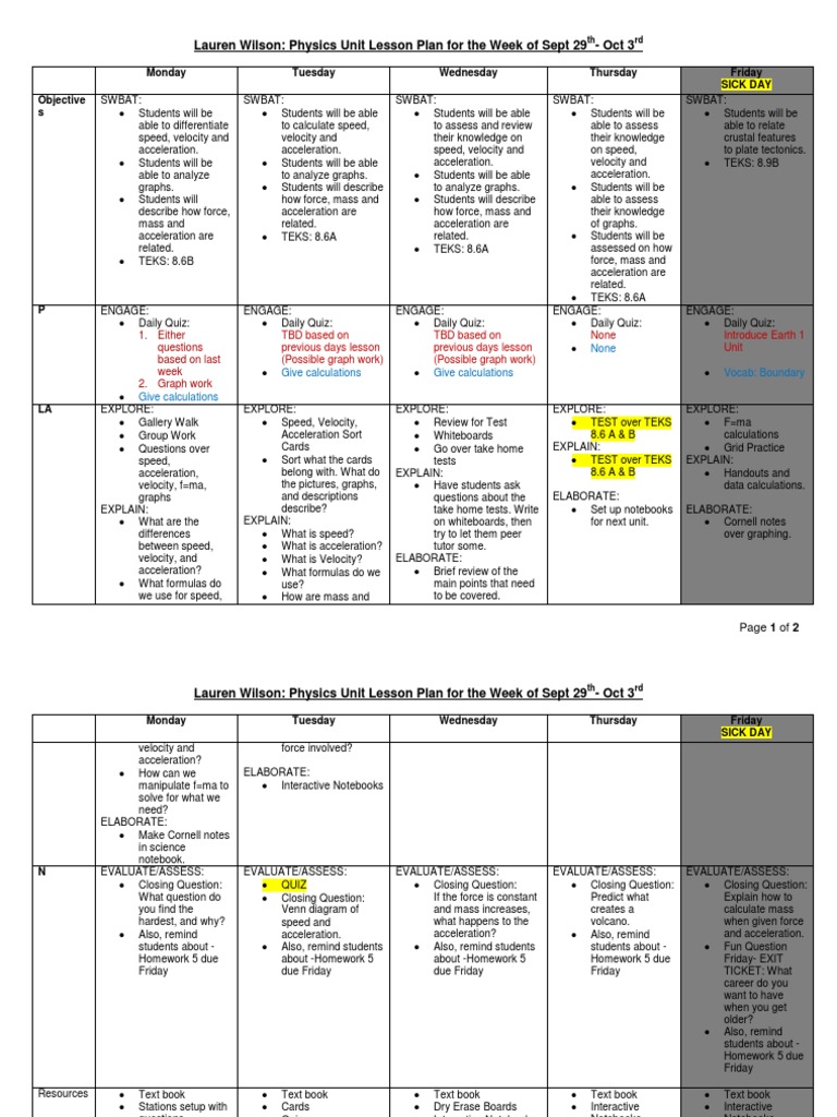 Physics Lesson Plan: Sept 29 - Oct 3 | PDF | Acceleration | Velocity