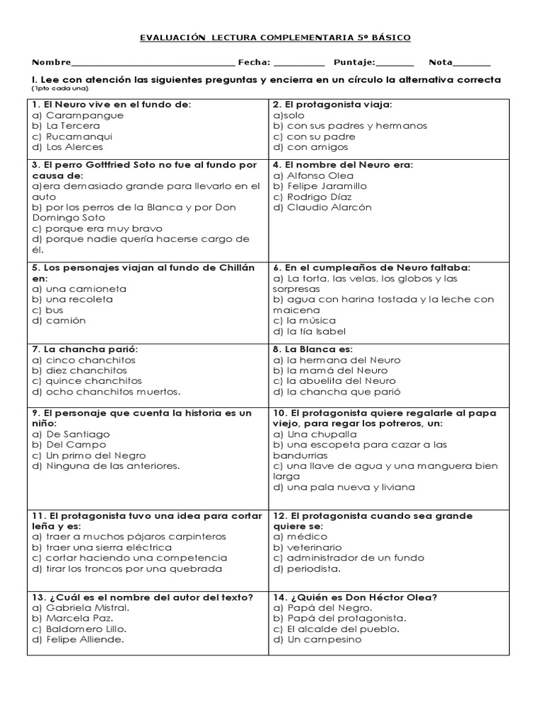 Prueba sobre "Mi amigo el negro" | PDF | Ocio