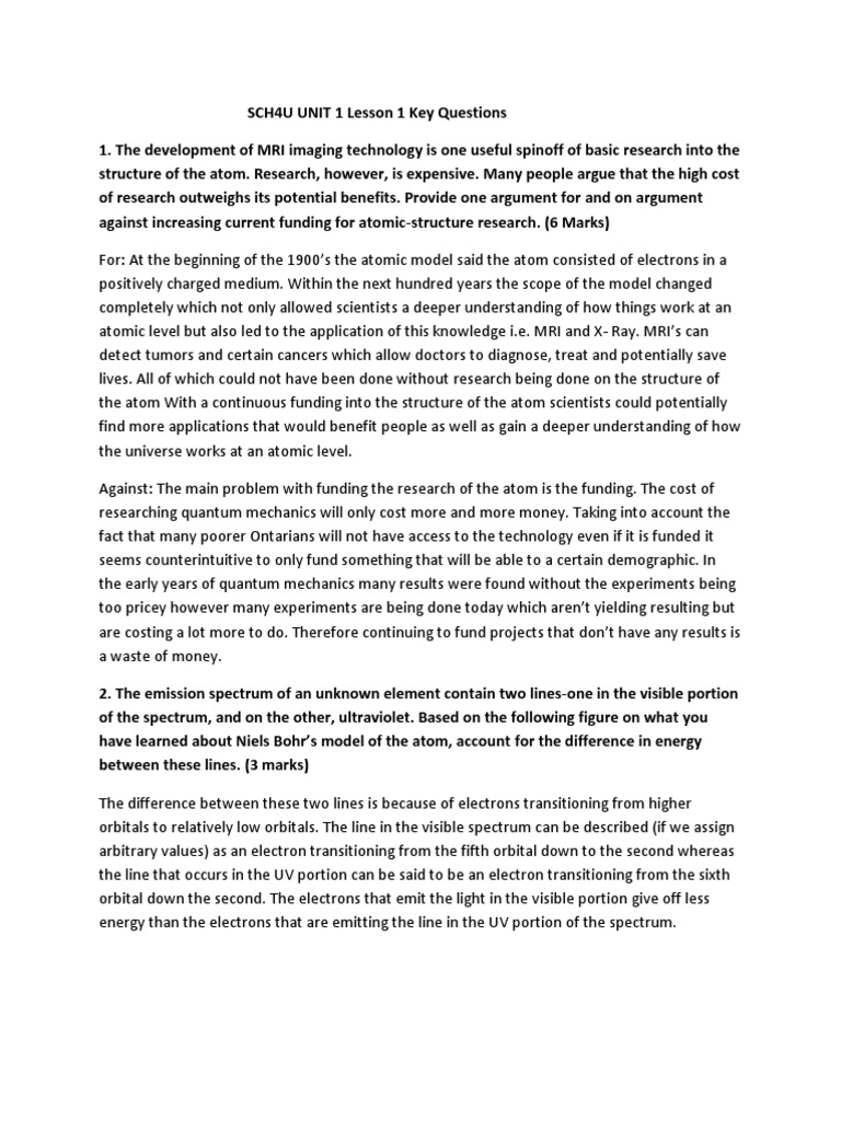 Sch4u Unit 1 Lesson 1 Key Questions Pdf Electron Configuration