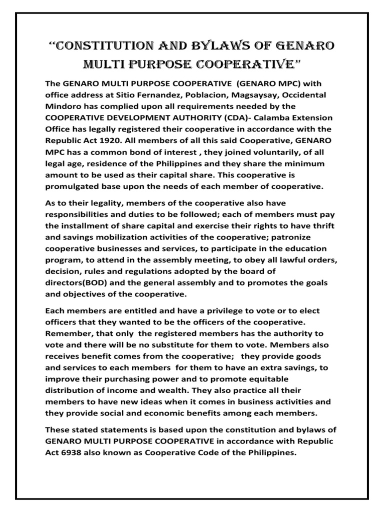 Constitution and Bylaws of GENARO Multi Purpose Cooperative | PDF ...