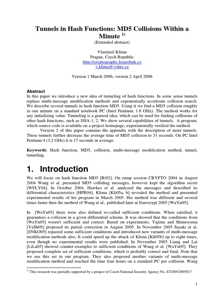 Tunnels in Hash Functions: MD5 Collisions Within A Minute: V.klima@volny - CZ | Download Free ...