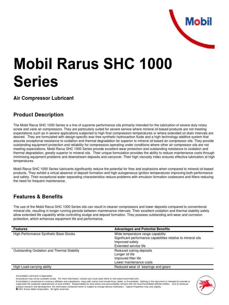 Mobil Rarus SHC 1000 Series | PDF | Exxon Mobil | Lubricant