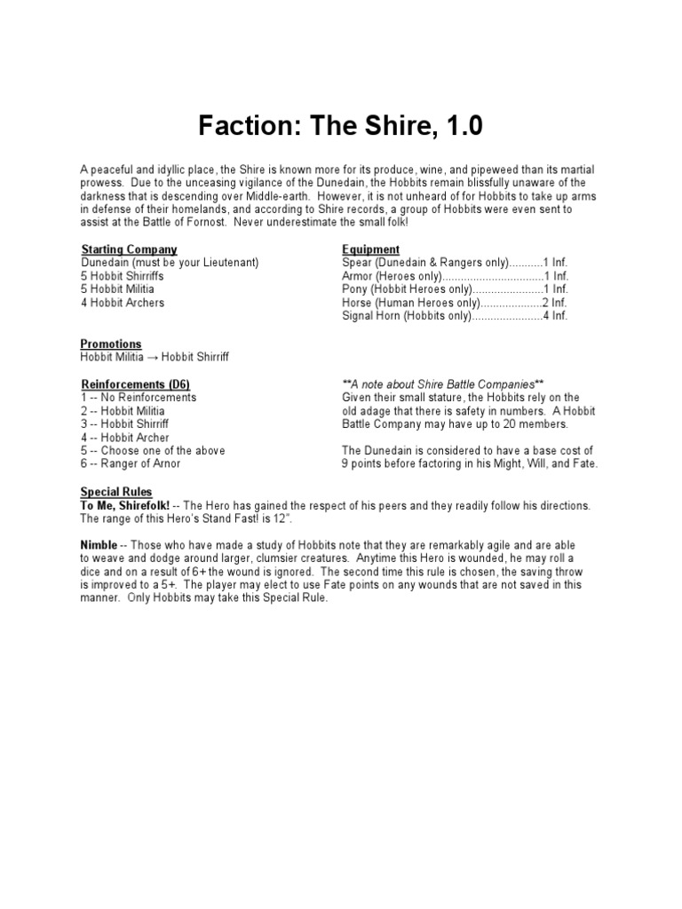 Faction: The Shire, 1.0: A Note About Shire Battle Companies | PDF