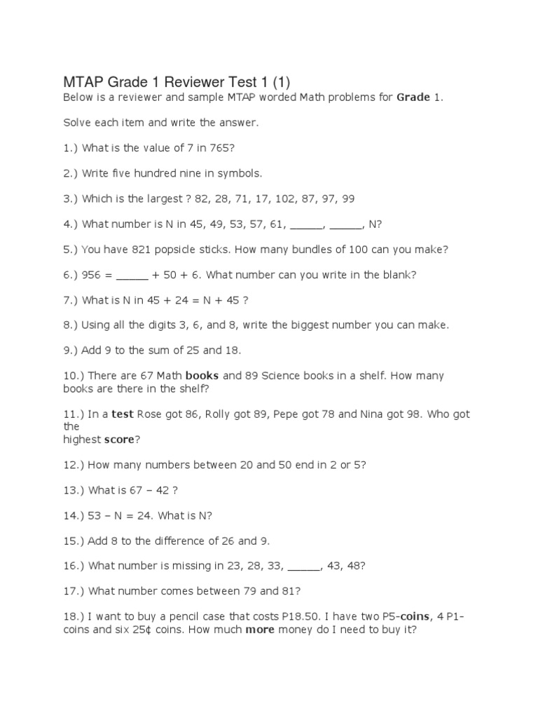 MTAP Grade 1 Reviewer Test 1 | PDF | Teaching Mathematics