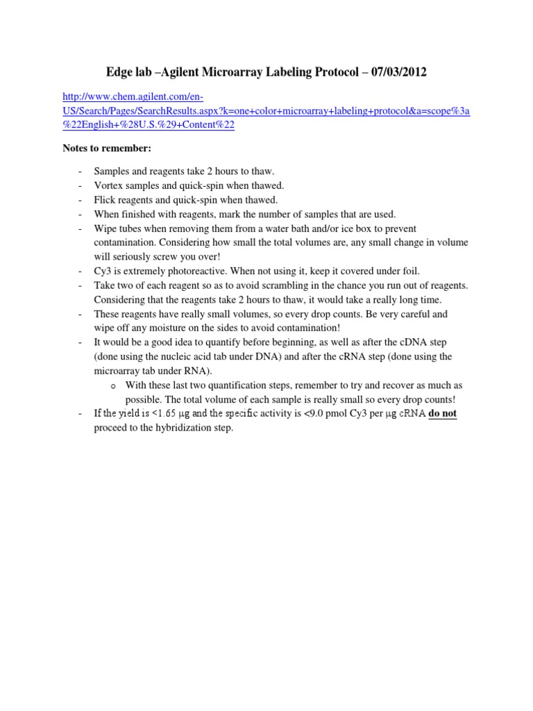 Edge Lab - Agilent Microarray Labeling Protocol - 07/03/2012 | PDF ...