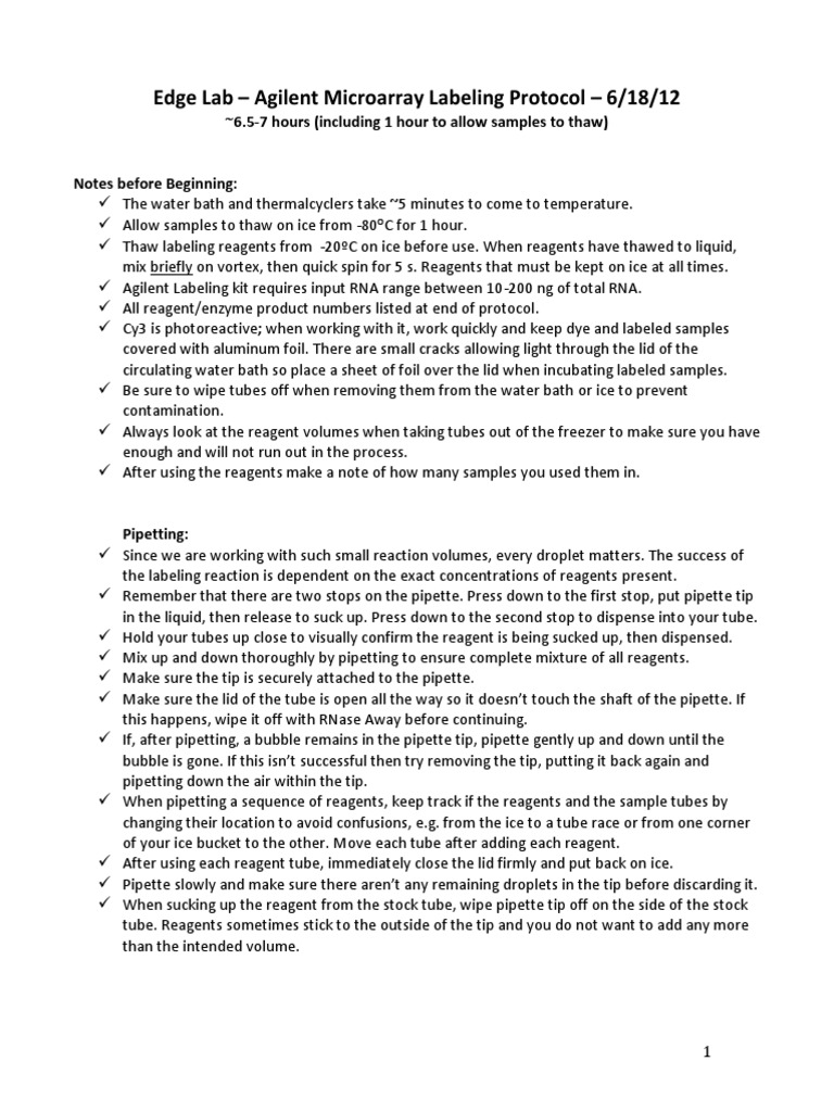 Edge Lab - Agilent Microarray Labeling Protocol - 6/18/12: 6.5-7 Hours ...