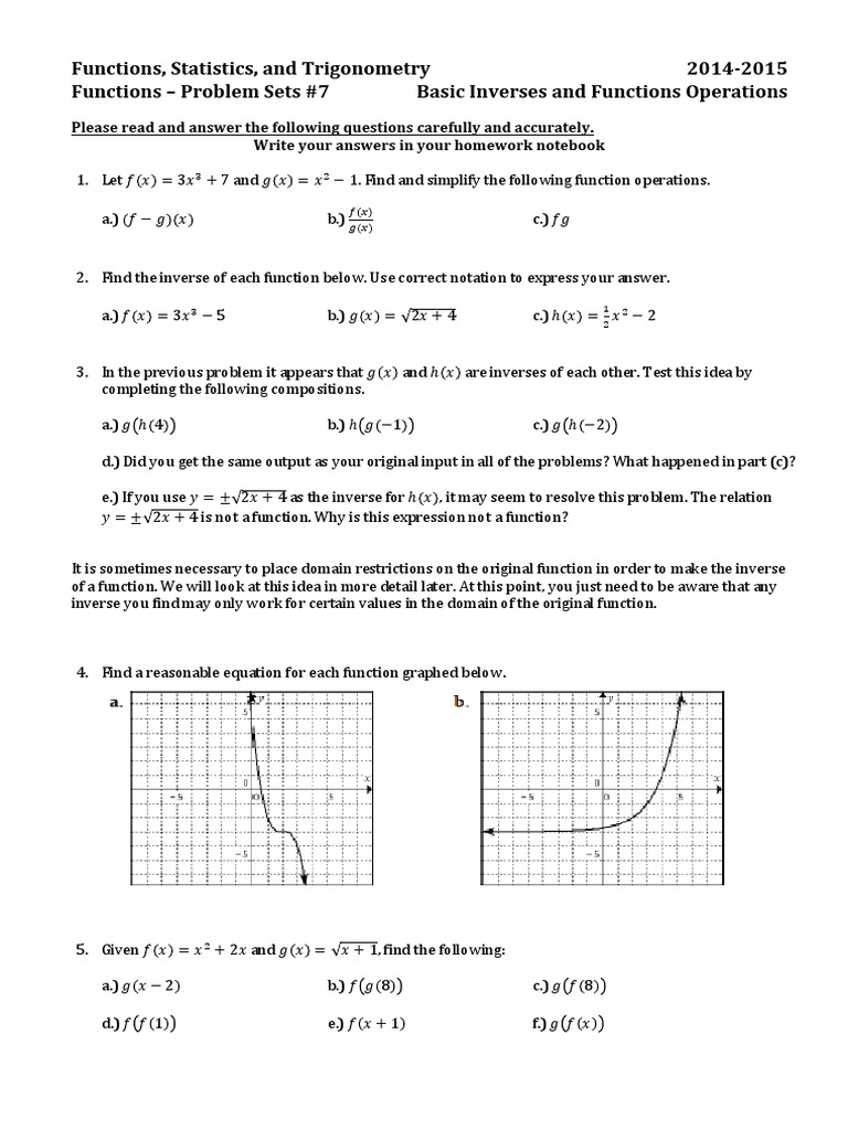 Functions and Inverses Problem Set | PDF