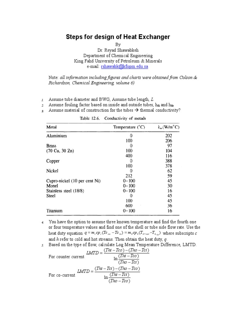 Steps For Design of Heat Exchanger: Richardson, Chemical Engineering ...