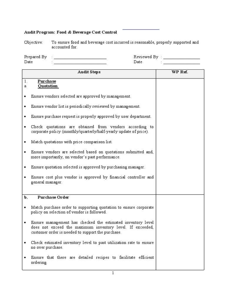 Food & Beverages Cost Control Audit Program | Inventory | Audit