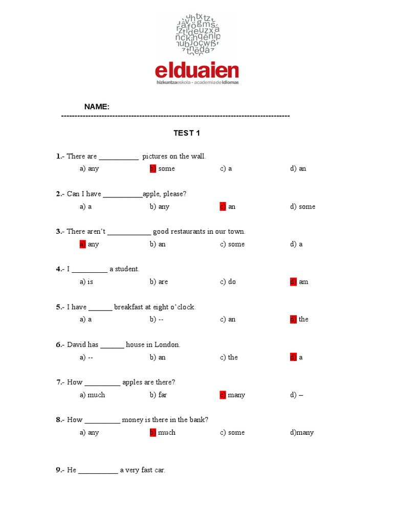 English Grammar Test Answers | PDF