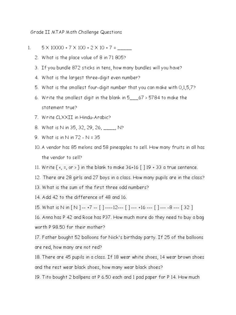 Grade II MTAP Math Challenge Questions | PDF | Foods | Teaching Mathematics