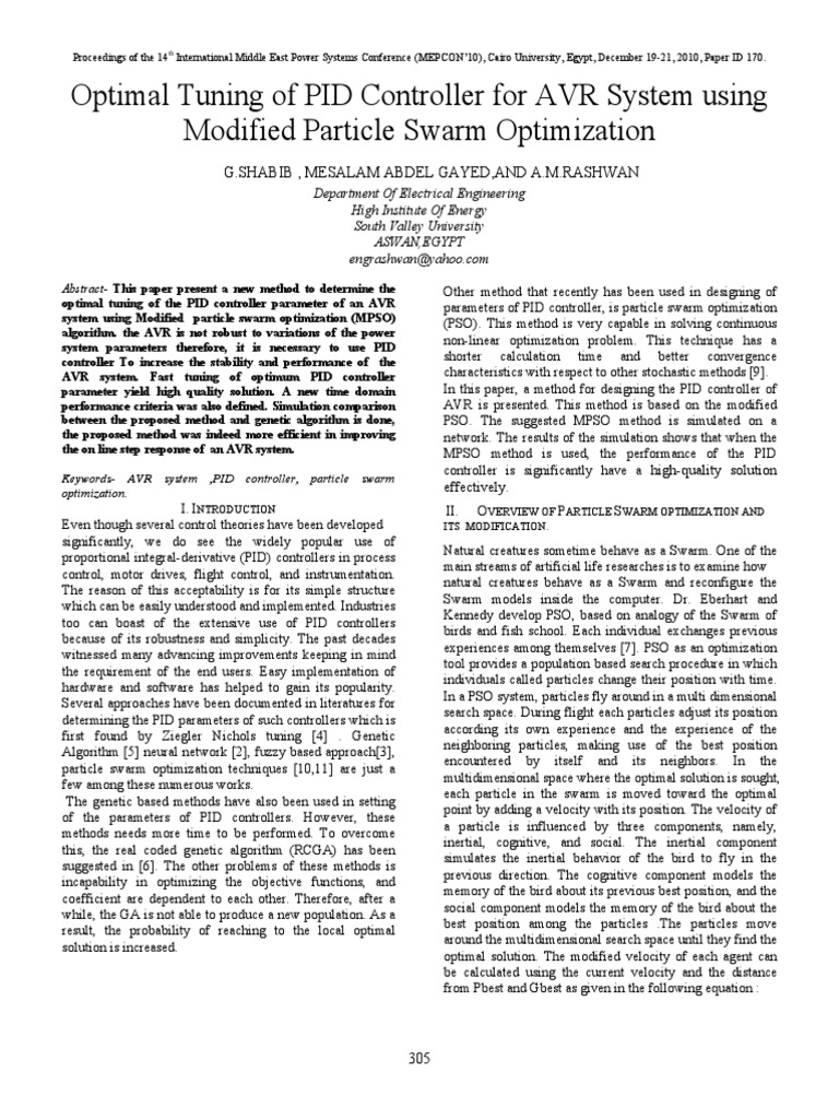 Optimal Tuning of PID Controller For AVR System Using Modified PSO | PDF | Control Theory ...