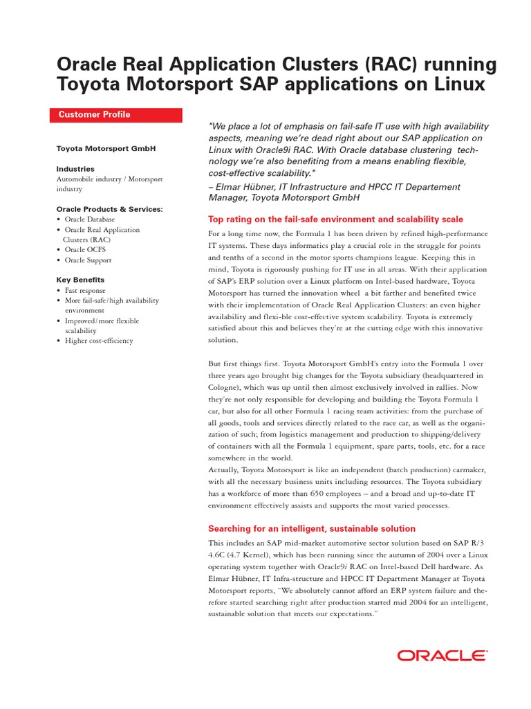 Oracle Real Application Clusters (RAC) Running Toyota Motorsport SAP Applications On Linux | PDF ...