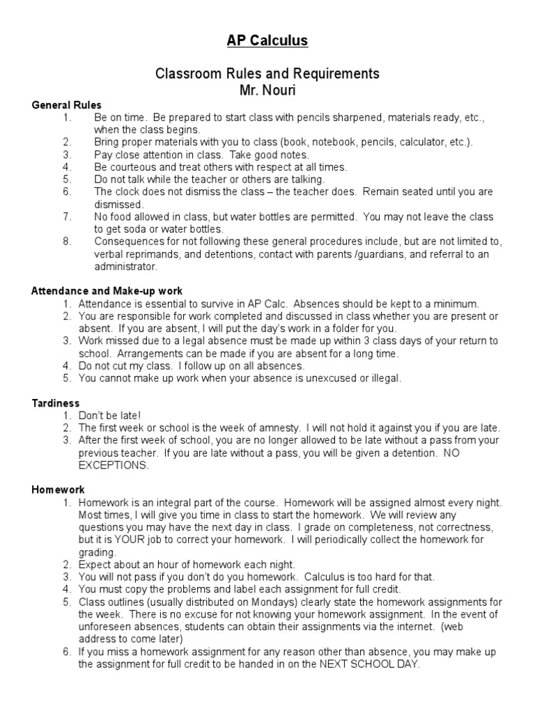 Classroom Rules 2014 AP Calc | PDF | Homework | Further Education