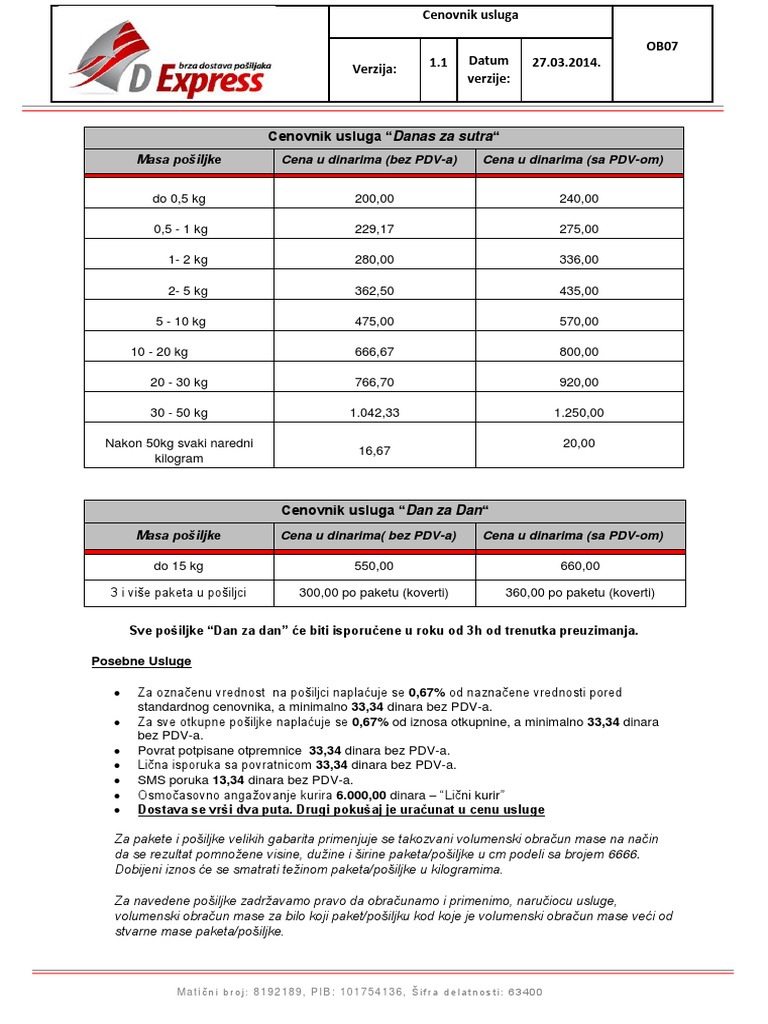 Cenovnik Usluga D-Express | PDF