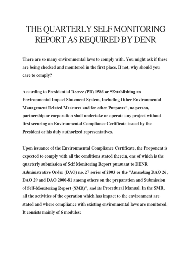 The Quarterly Self Monitoring Report As Required by Denr | PDF