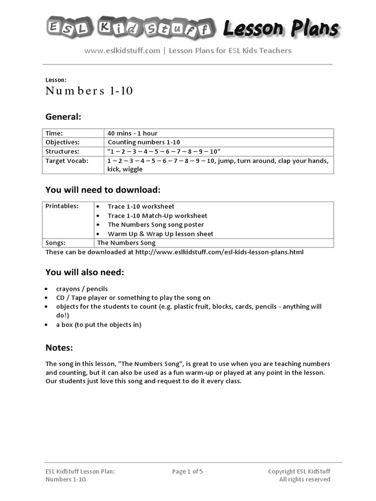 Numbers 1 10 Lesson Plan | PDF | Lesson Plan | English As A Second Or ...