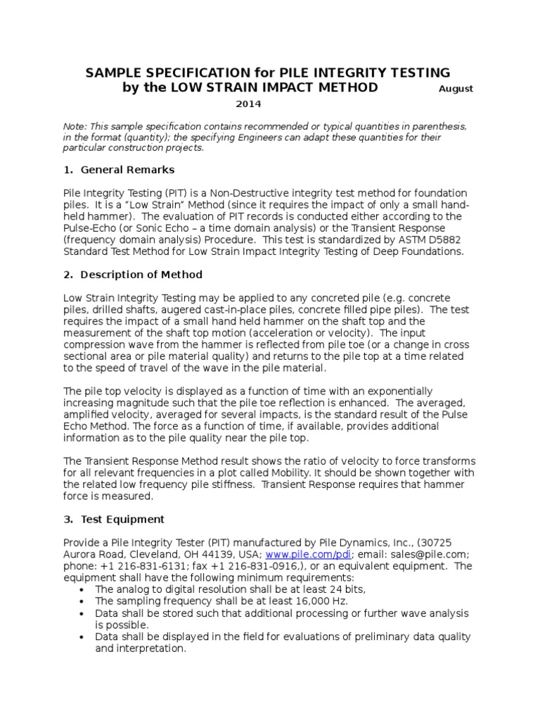 Sample Specification For Pile Integrity Testing by The Low Strain ...