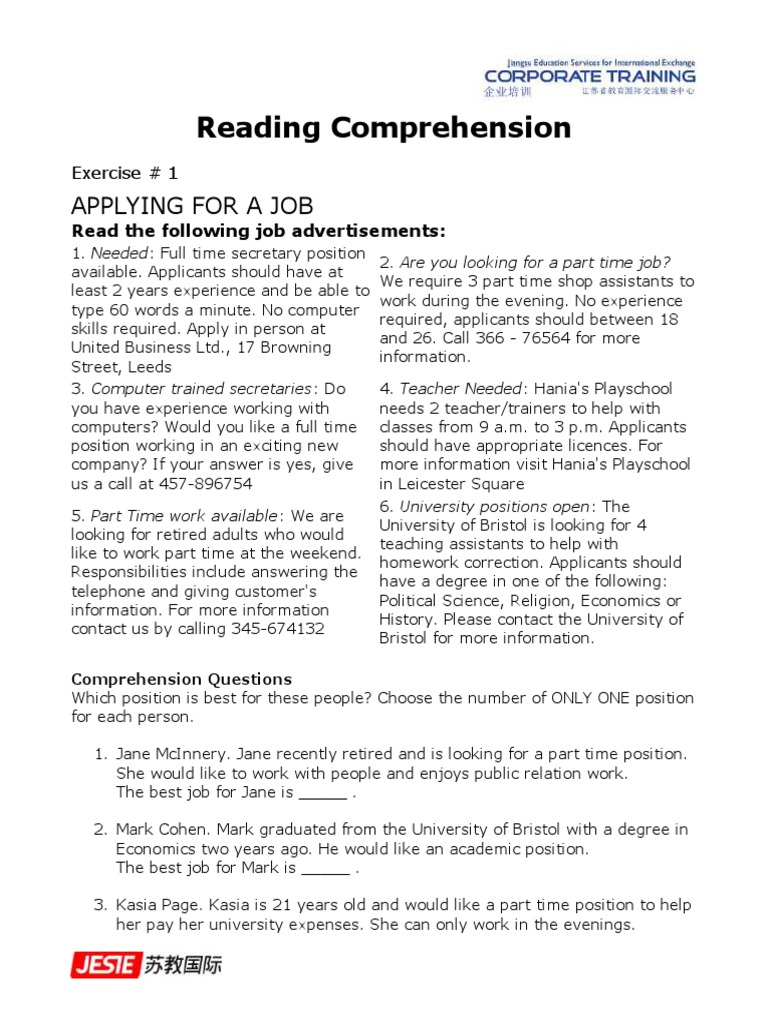 Reading Comprehension: Applying For A Job | Download Free PDF | Reading ...
