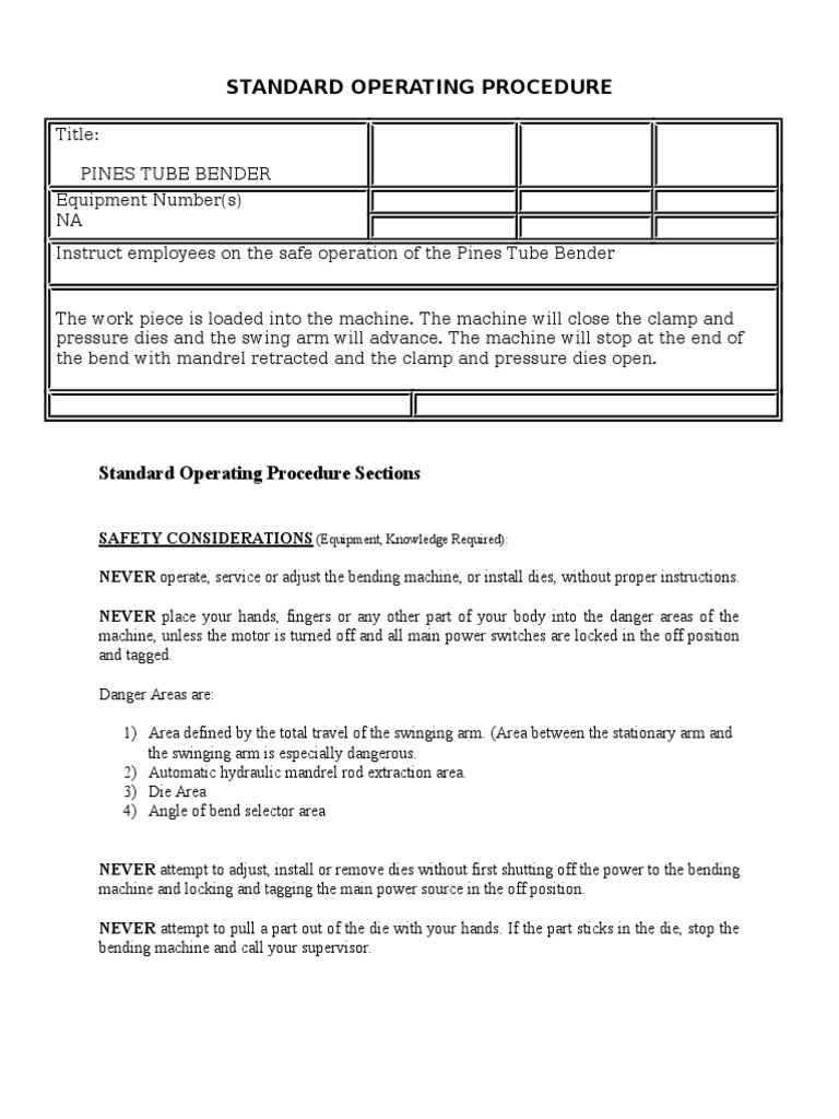 SOP Pines Tube Bender #100212345678911234 | PDF | Machines | Mechanical ...
