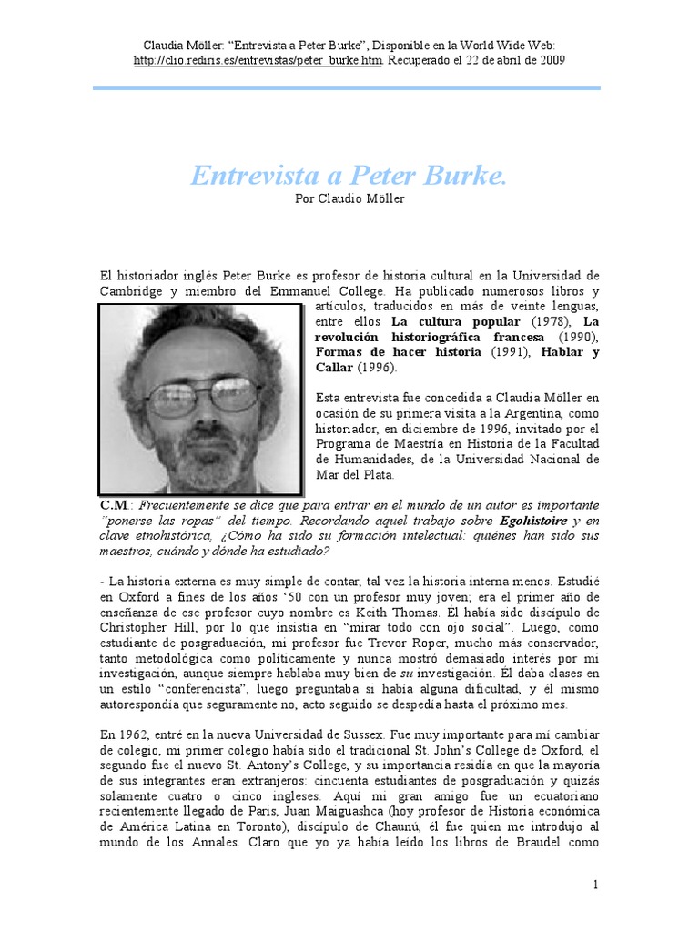 Claudia Möller. Entrevista A Peter Burke PDF | PDF | Historiografía | Antropología