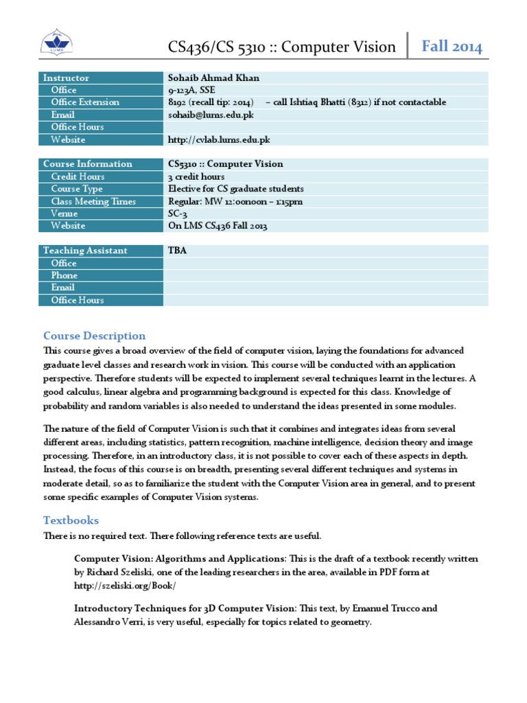 CS 436 CS 5310-Computer Vision Fundamentals-Sohaib Ahmad Khan | PDF ...