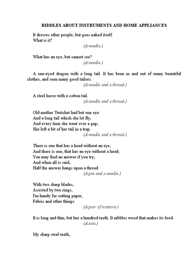 Riddles About Instruments and Home Appliances | PDF | Language Arts ...