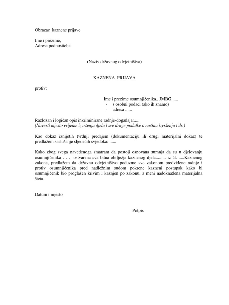 Primjer Kaznene Prijave | PDF