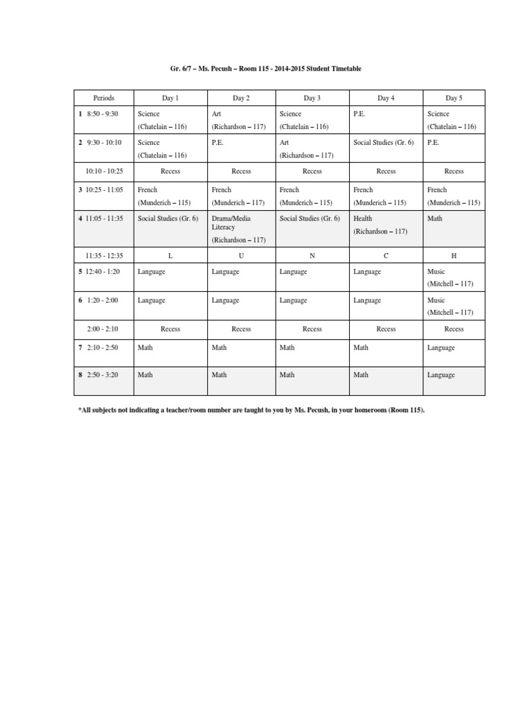 Pecush Student Timetable 2014-2015 | PDF | Language Arts & Discipline